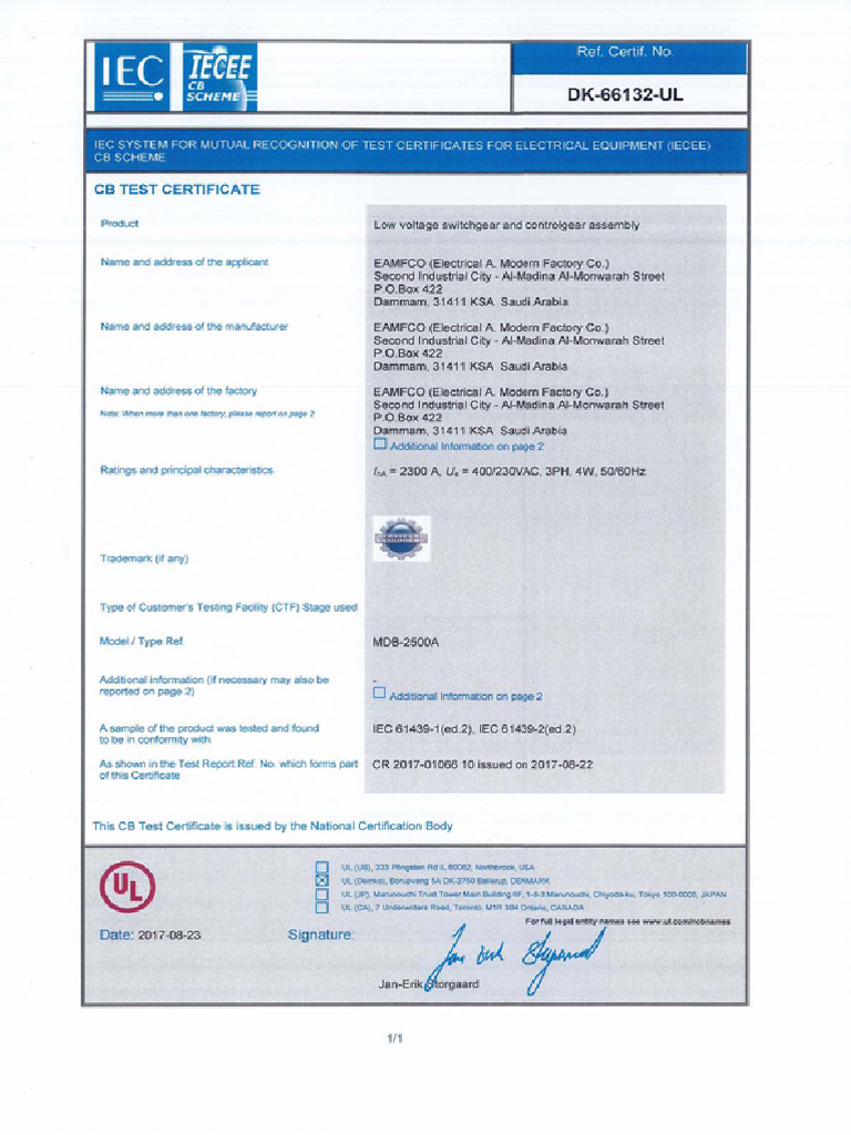 UL TYPE CERTIFICATE 2500A -IEC | PDF