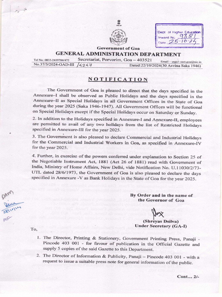 Notification - List of Public Holidays 2025 - GAD | PDF