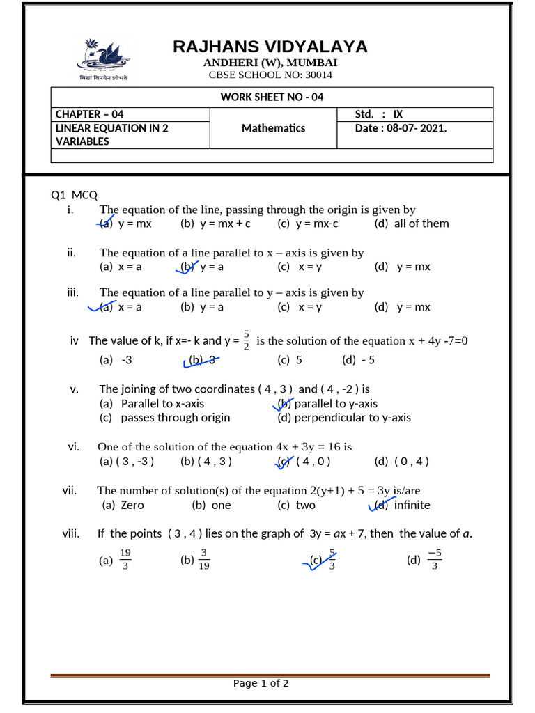 S9 - Worksheet - CH 4 - LINEAR EQUATION IN 2 VARIABLES | PDF ...