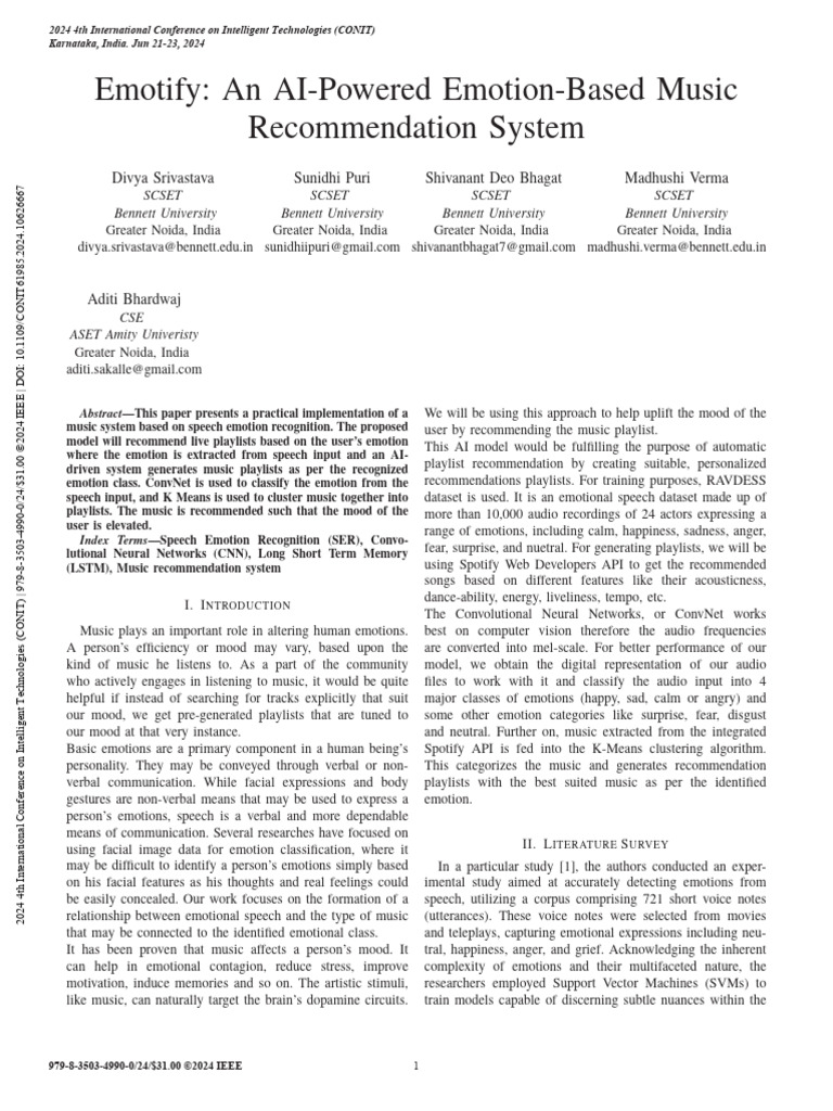 Emotify An AI-Powered Emotion-Based Music Recommendation System | PDF ...