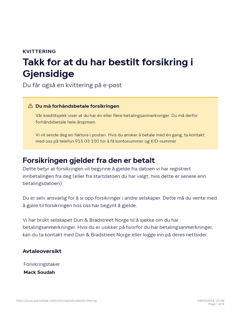 Bil Forsikring - Kvittering - Gjensidige | PDF