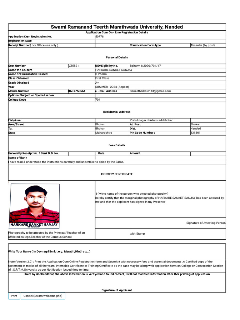 S.R.T.M.university - Convocation Form | PDF