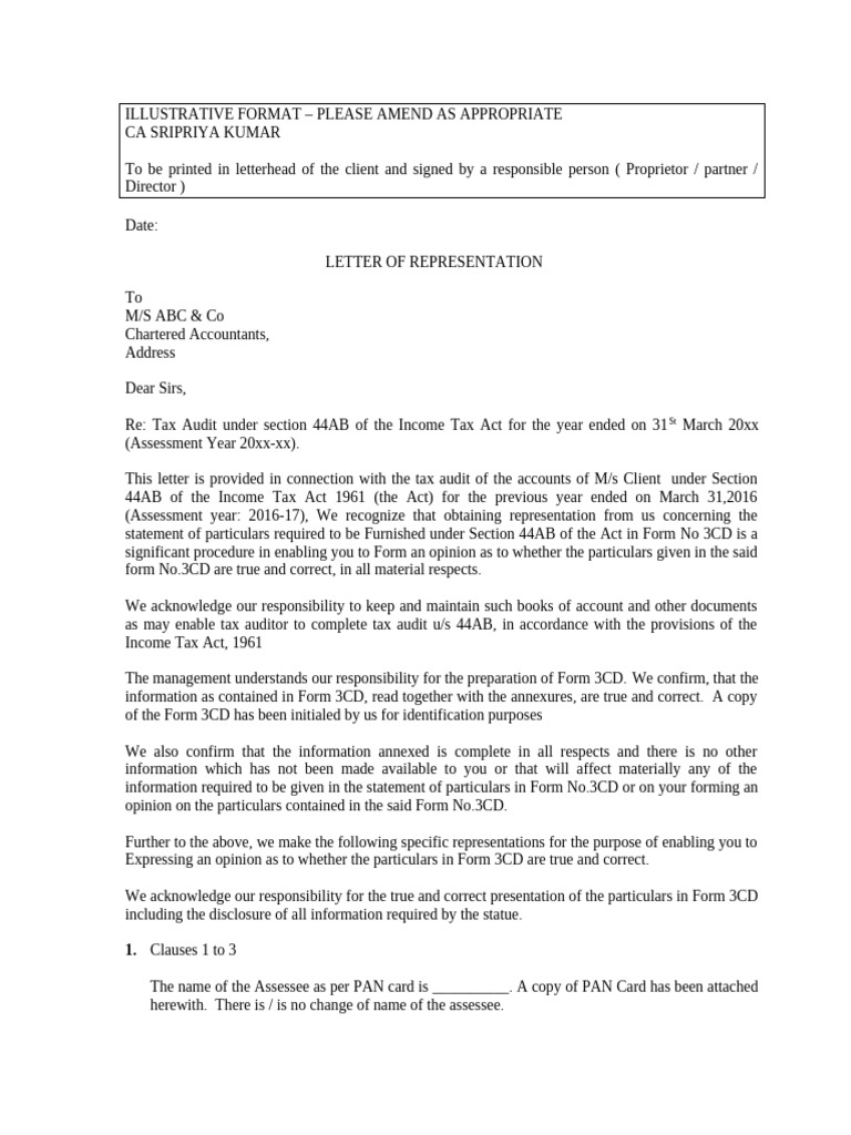 003 - Tax - Audit - MGT - Representation - Letter | PDF | Expense | Taxes