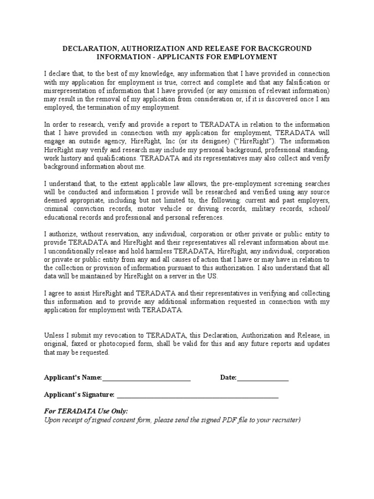 Hire Right Consent Form English | PDF | Background Check | Justice