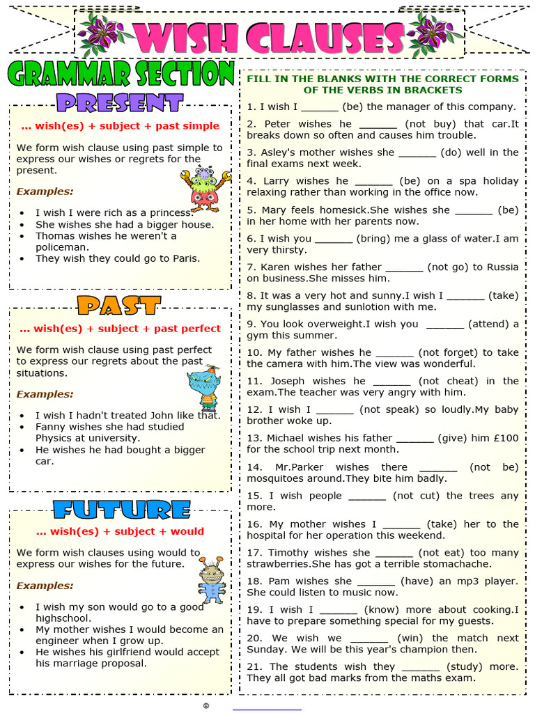 Wish Clauses Worksheet Grammar Explanation | PDF | Clause | Syntax