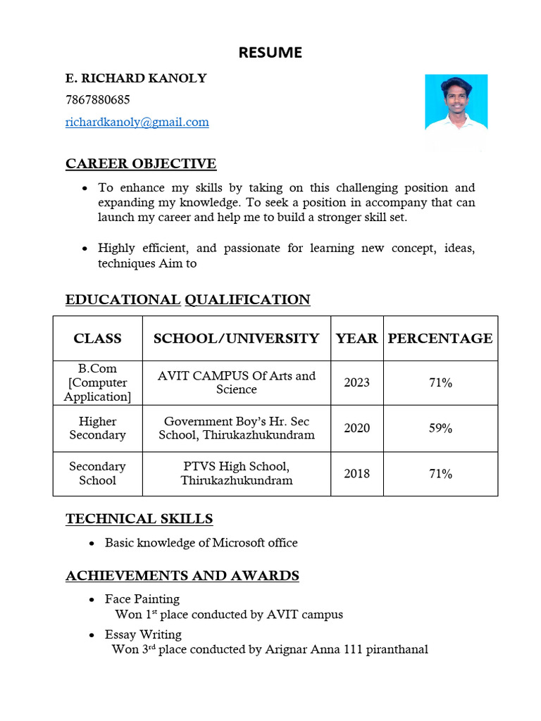 Student Resume of E. Richard Kanoly | PDF