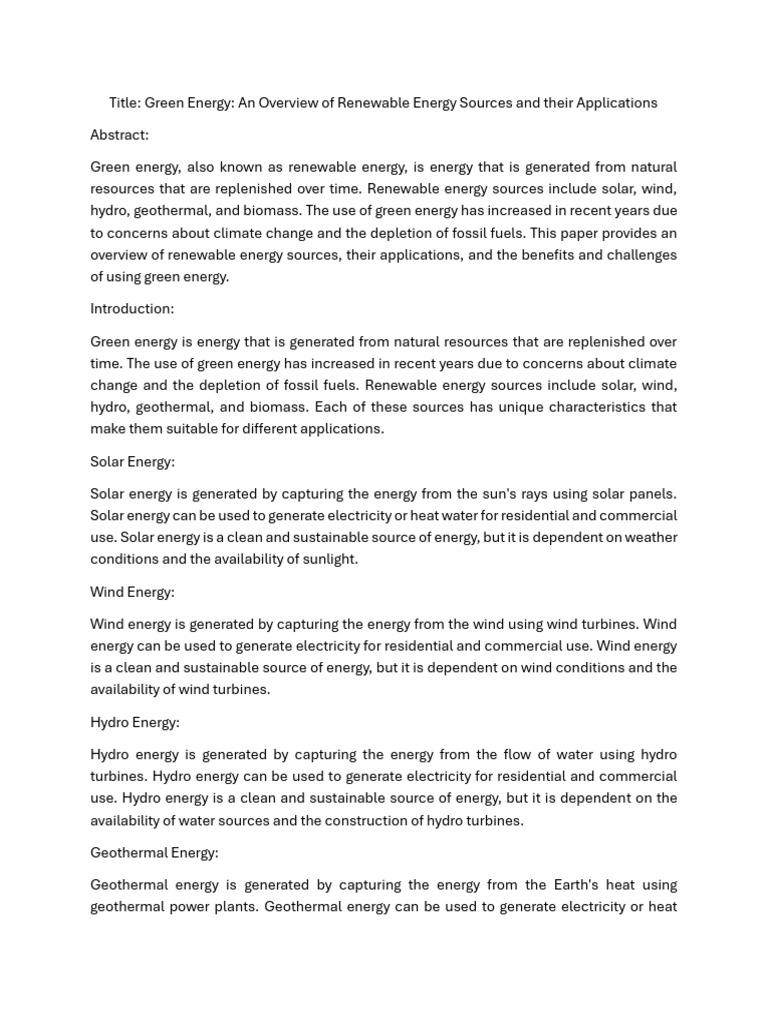 Title: Green Energy: An Overview of Renewable Energy Sources and Their ...