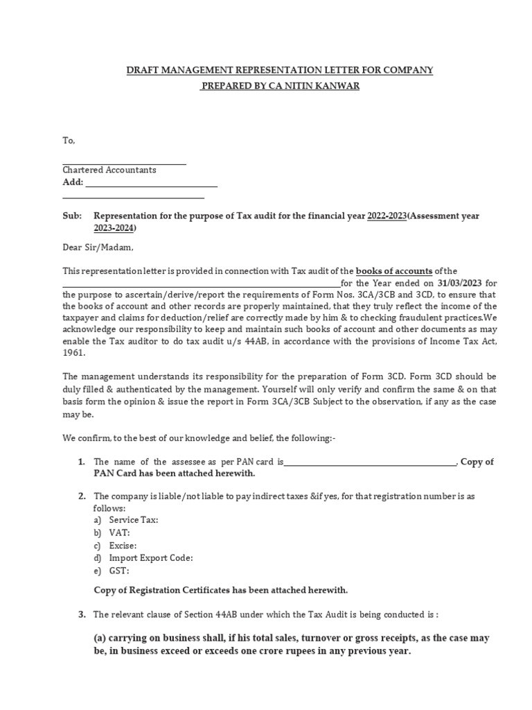 Draft Management Representation Letter For Company | PDF | Cheque ...