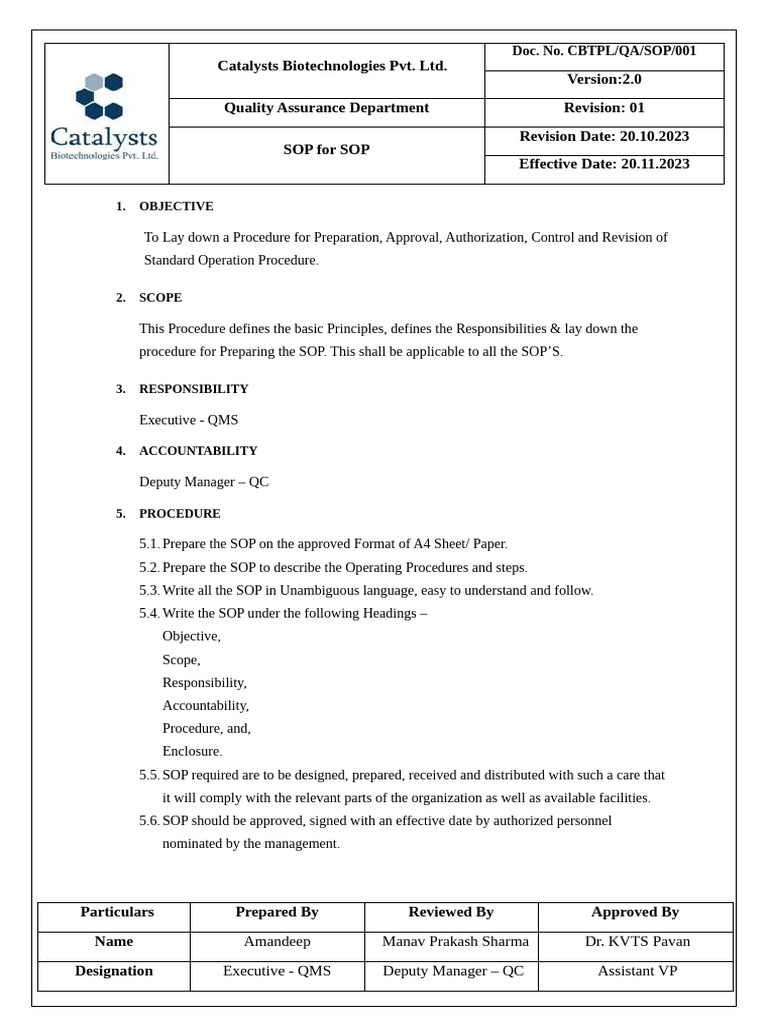 SOP Sample | PDF | Quality Assurance