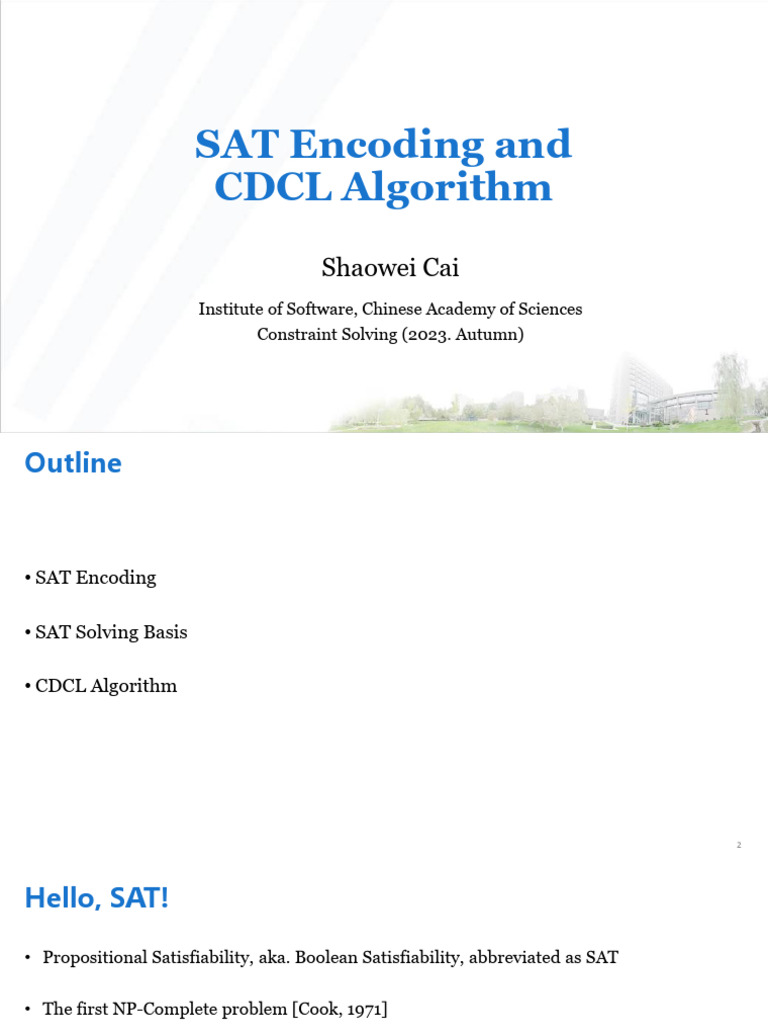2023约束求解公开课 SAT Encoding and CDCL | PDF | Mathematical Logic | Computational Complexity Theory