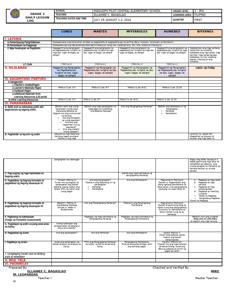 Q1 Filipino DLL Week 1 | PDF