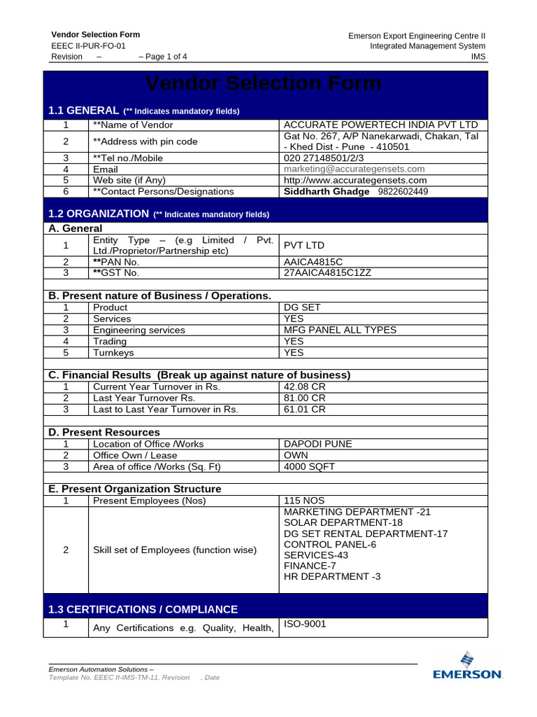 Vendor Selection Form | PDF | Iso 9000 | Business