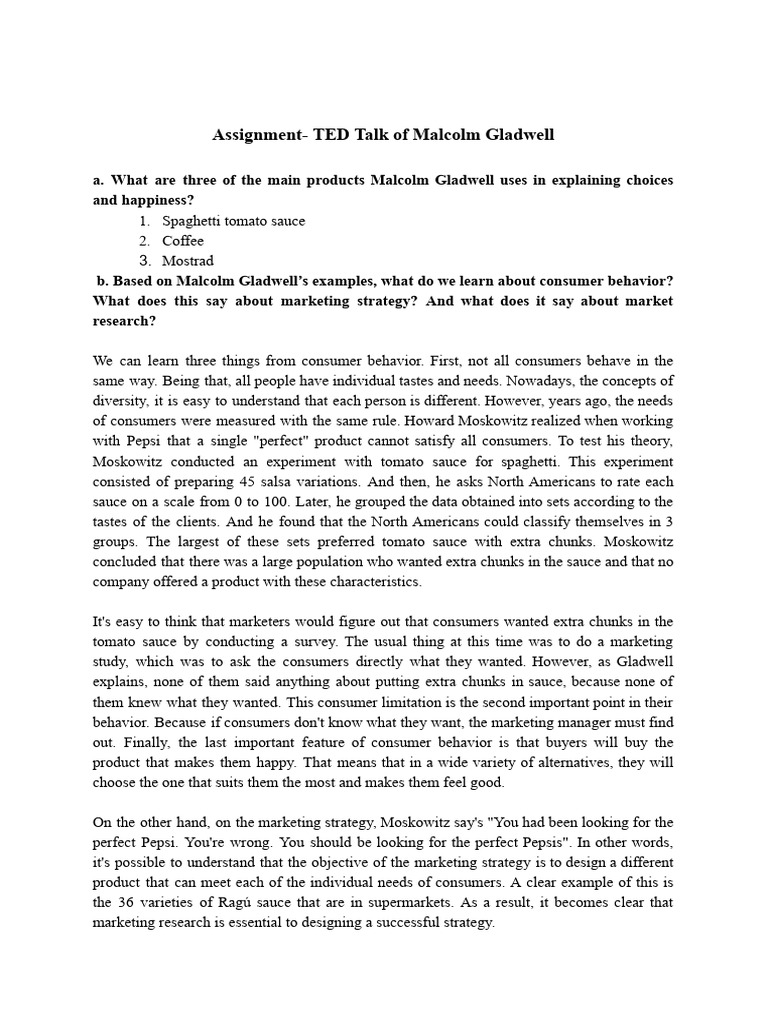 Assignment - TED Talk of Malcolm Gladwell | PDF | Marketing | Behavior