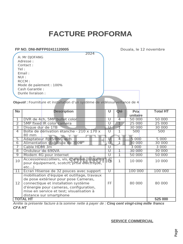 DNI-TECH PROFORMA INVOICE - VIDEOSURVEILLANCE ANALOG MR DJOFANG | PDF | Technologies de l ...