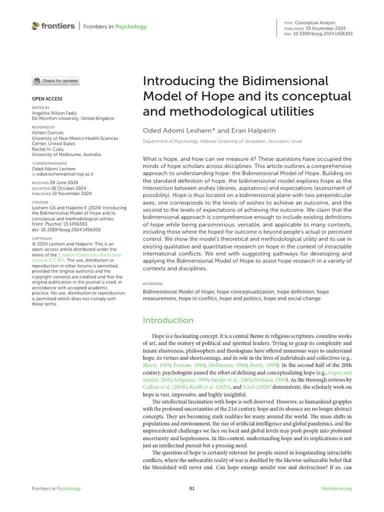 Introducing The Bidimensional Model of Hope and Its Conceptual and ...