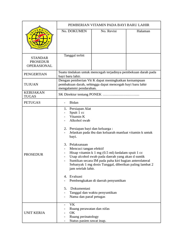 Sop - Pemberian Vitamin Pada Bayi Baru Lahir | PDF