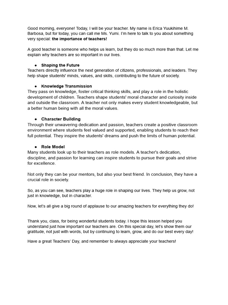 The Importance of Teachers in Education | PDF