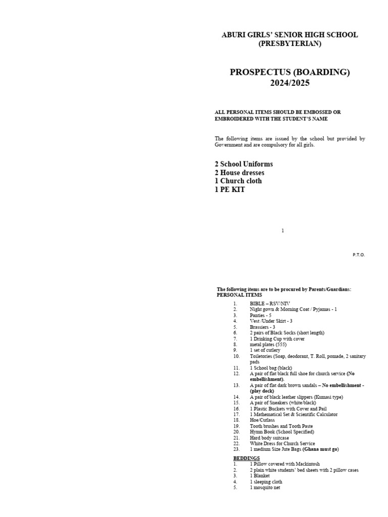 Aburi Girls SHS Boarding Prospectus 2024 | PDF | Clothing | Fashion