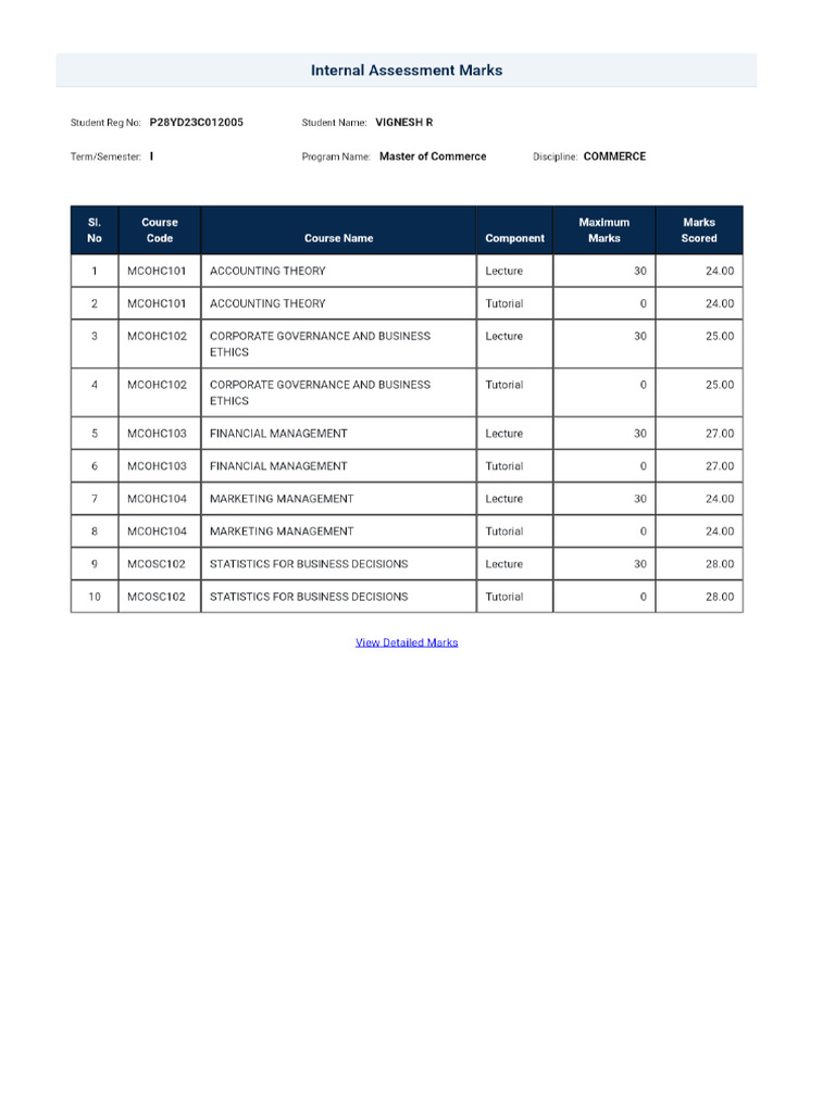 Student Internal Assessment Marks | PDF