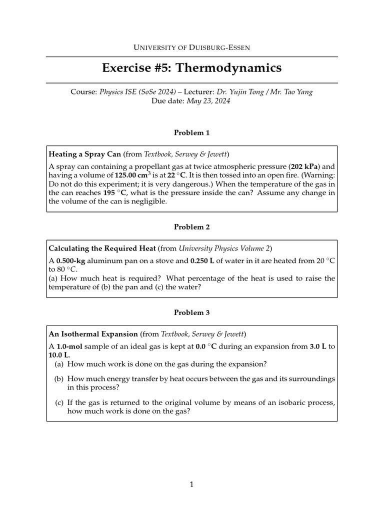 UDE Physics Exercise 5 | PDF | Heat | Gases