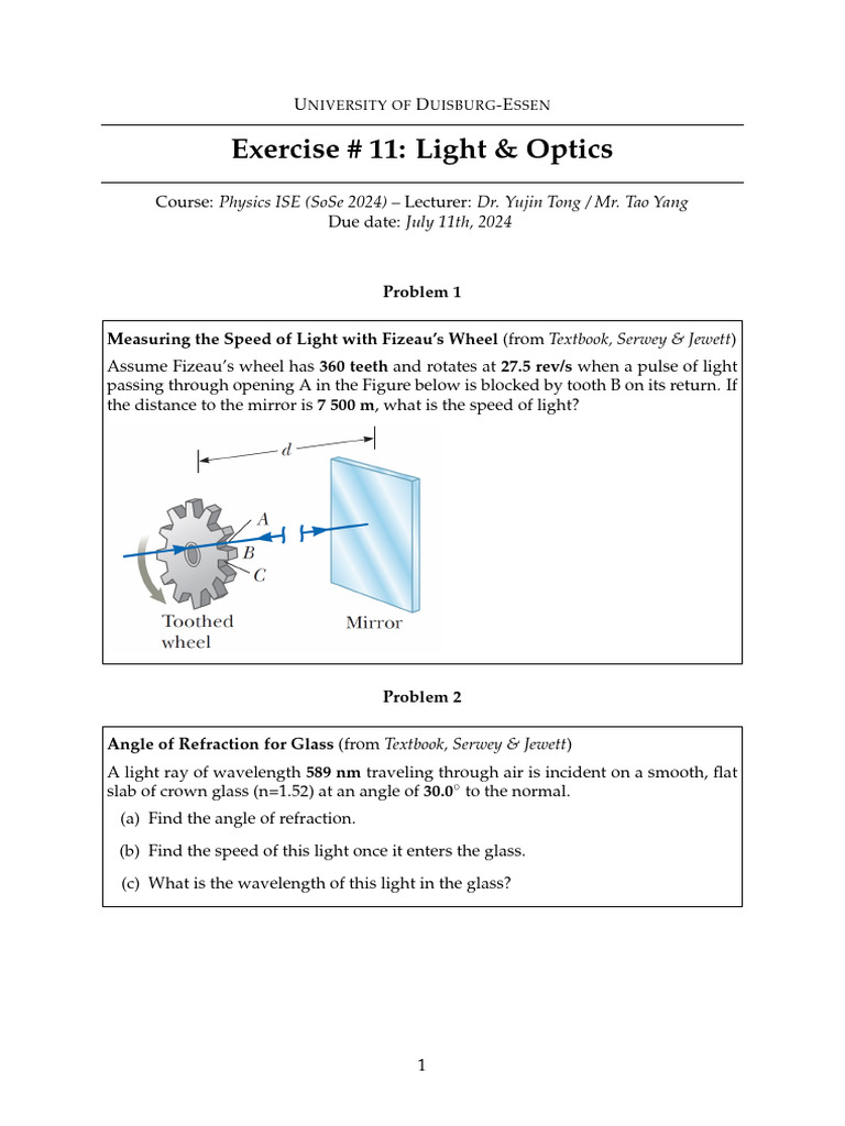 Physics ISE: Light & Optics Exercise | PDF