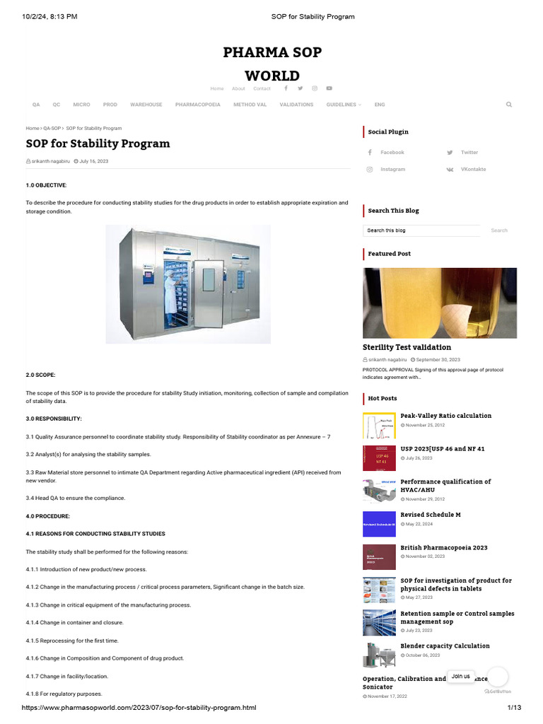 SOP For Stability Program | PDF | Pharmaceutical Formulation | Quality ...