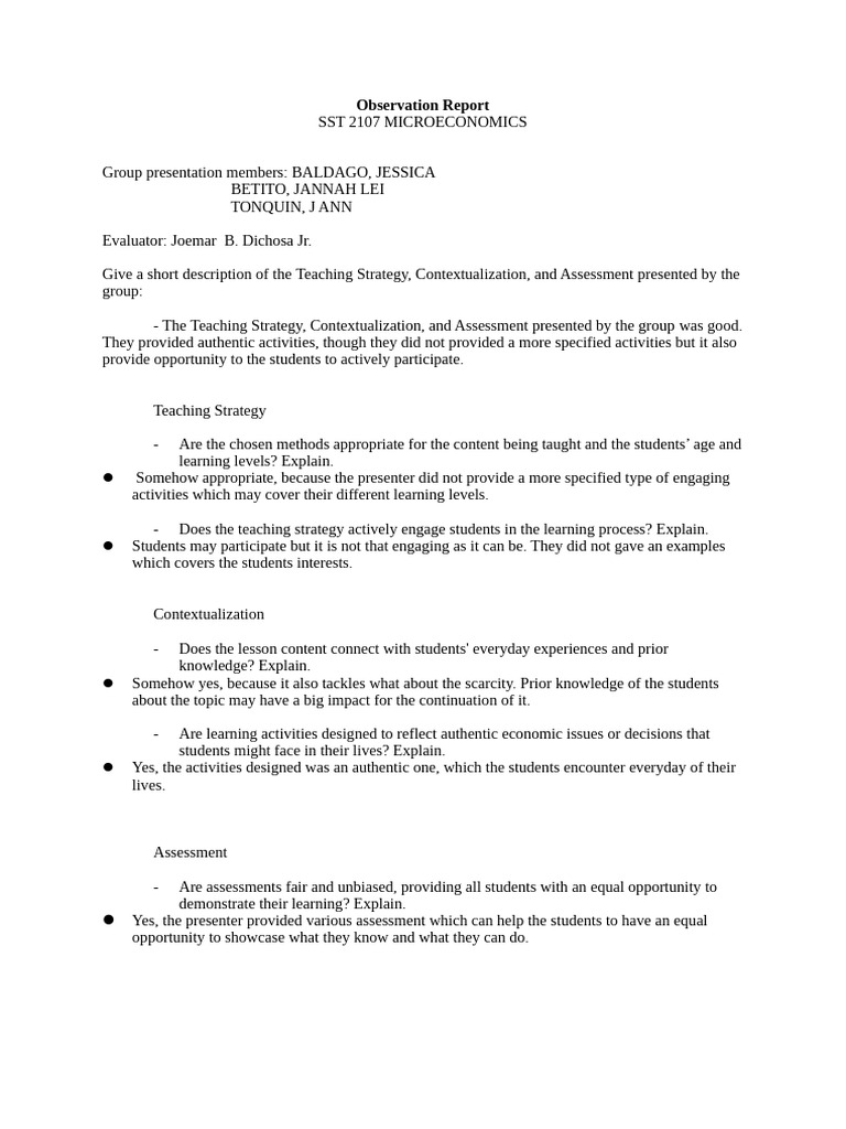Microeconomics Group Presentation Evaluation | PDF | Learning | Critical Thinking
