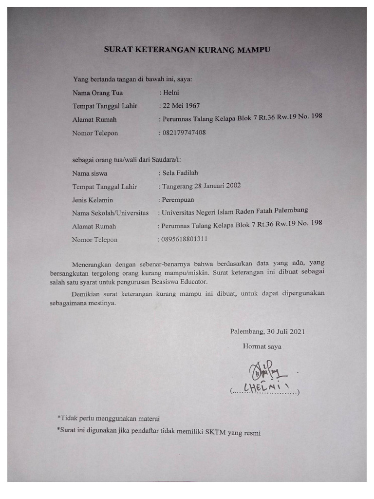 Surat Keterangan Tidak Mampu (SKTM) | PDF