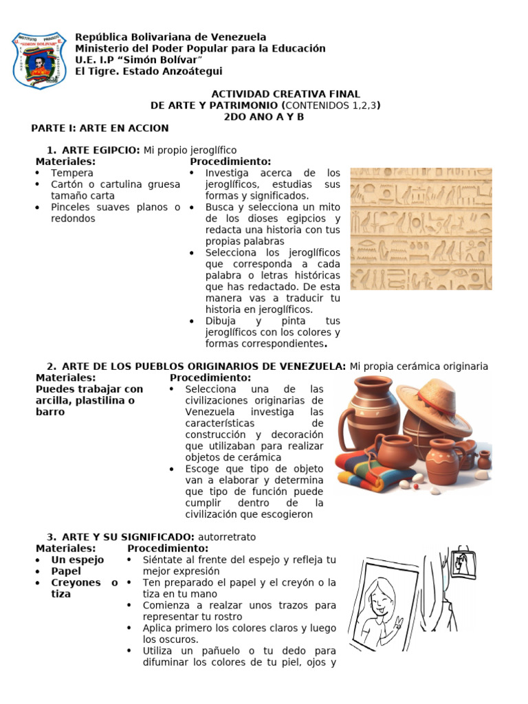 Actividad Creativa Final Arte y Patrimonio 2do A y B 1er Lapso | PDF | Ficción general