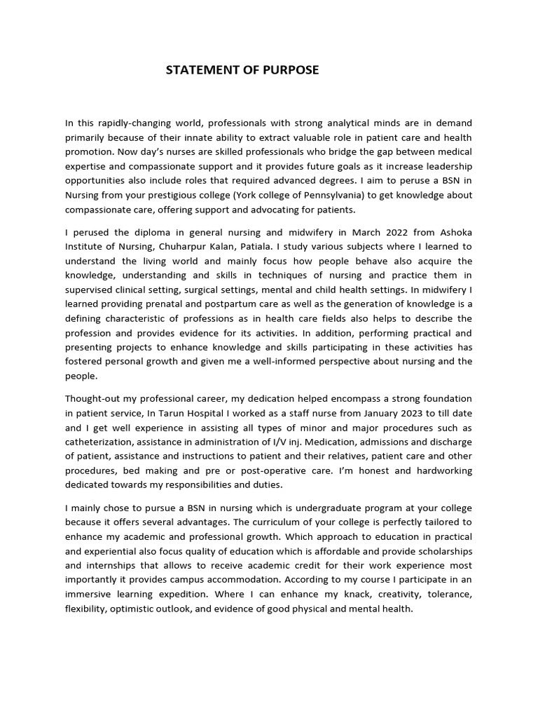 sop simranjeet kaur | PDF | Nursing | Health Care