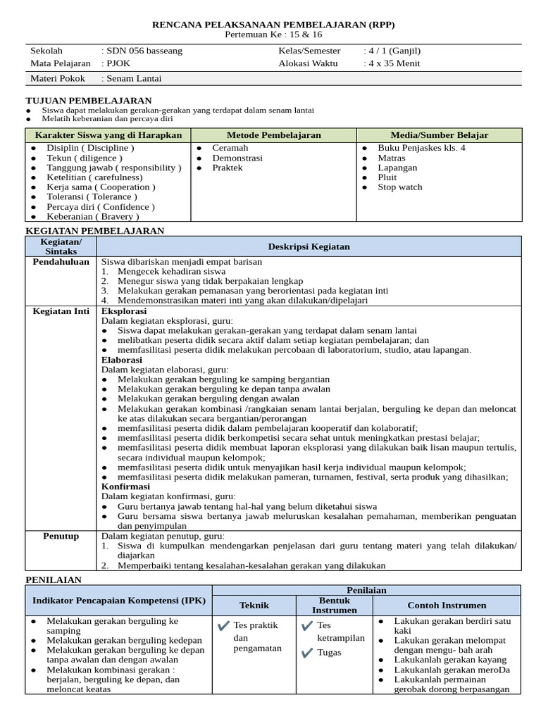 RPP PJOK Kelas 4 Sem 1 - Senam Lantai | PDF