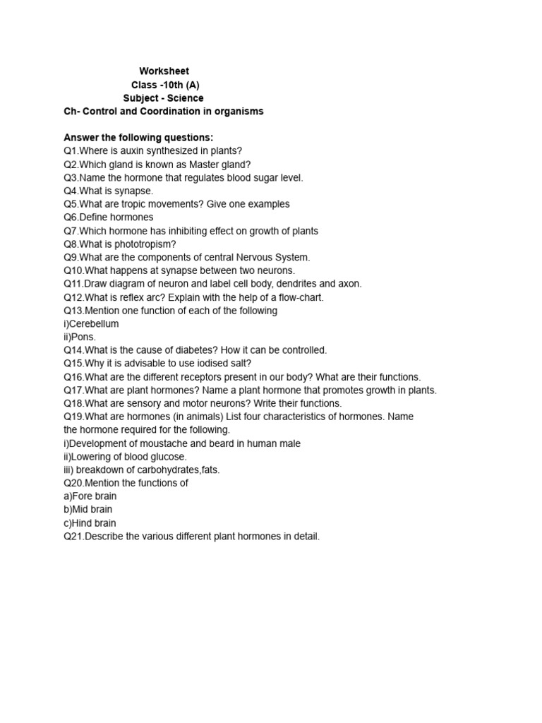 Worksheet CH - Control and Coordination For 10th (A) | PDF | Self ...