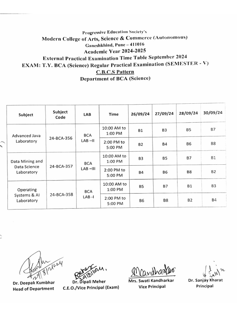1314^TY BCA Science Autonomous External Practical Timetable | PDF