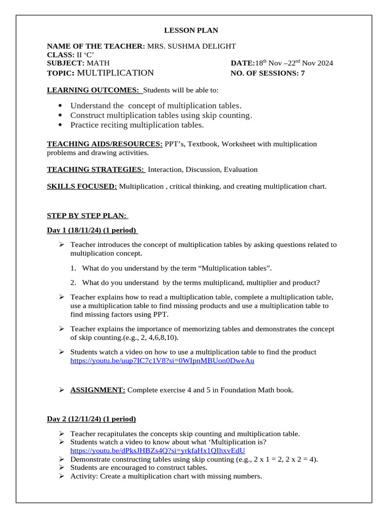 Week 26 - 18th Nov - 22nd Nov 2024 Math | PDF | Multiplication | Teachers