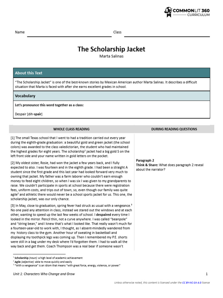 6G Unit 1 The Scholarship Jacket STUDENT COPY Ed2.0 | PDF