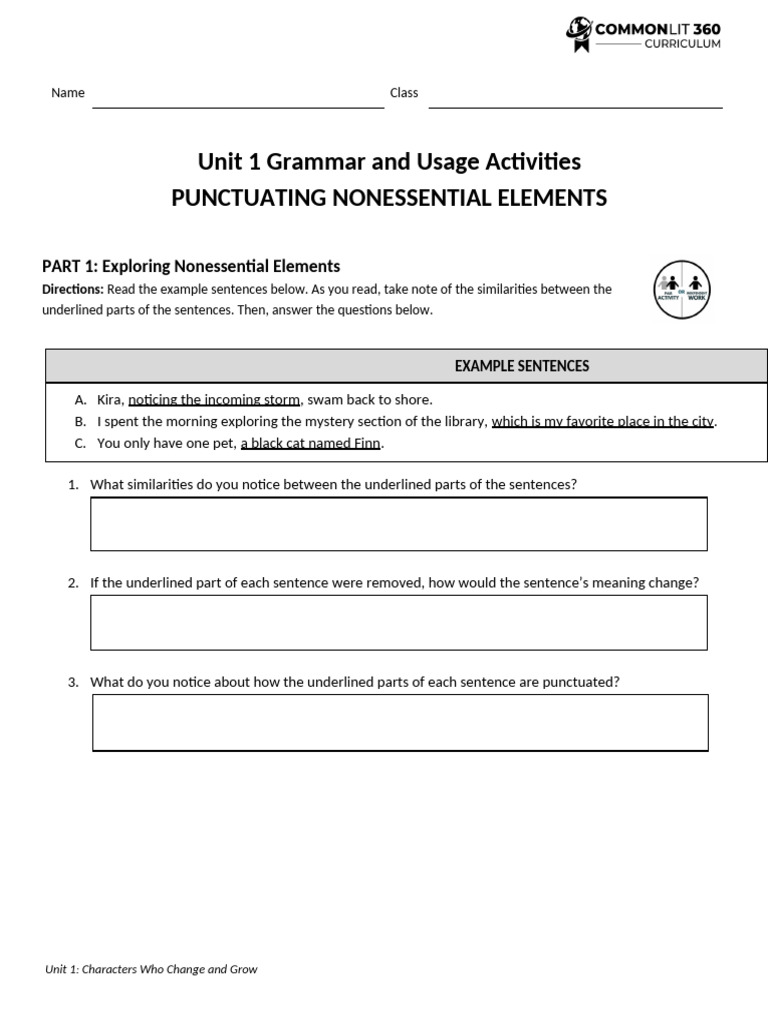 6G Unit 1 Grammar and Usage Activities - Punctuating Nonessential ...