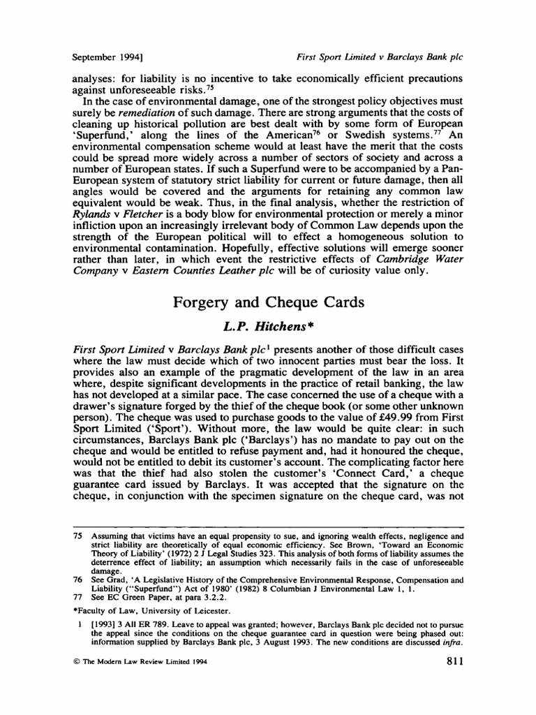 Modern Law Review - September 1994 - Hitchens - Forgery and Cheque Cards | PDF | Cheque | Payments