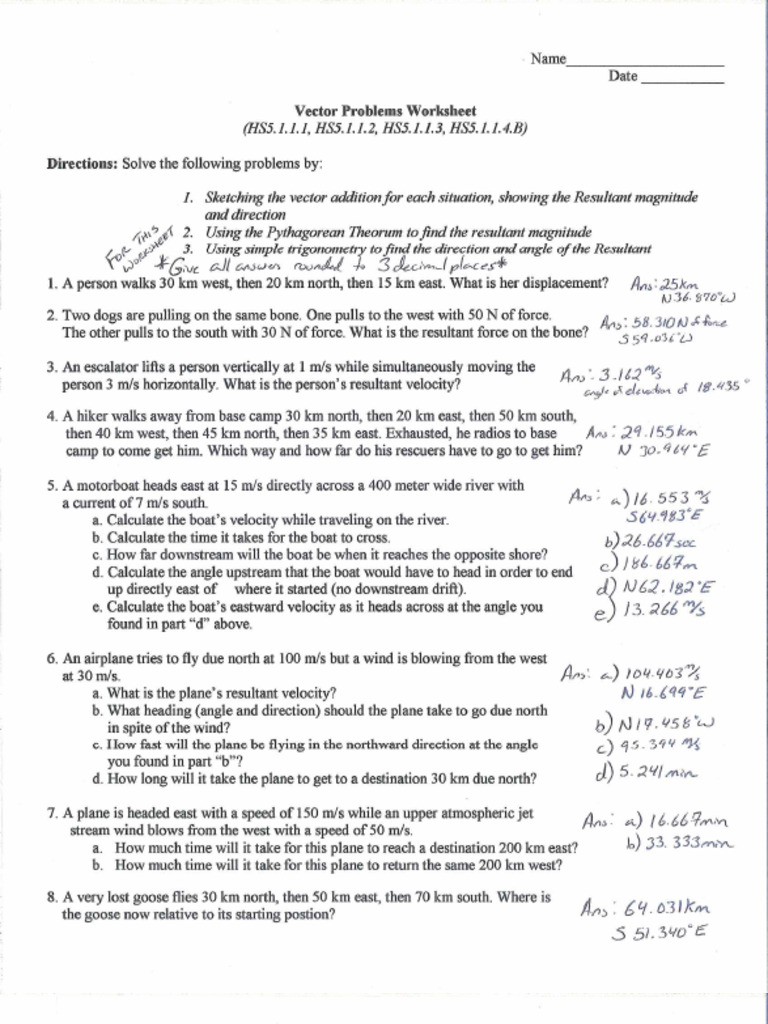 Vector Problems Worksheet Extra Solutions | PDF