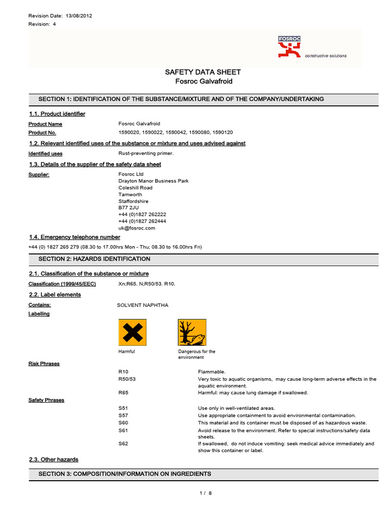 fosroc galvafroid | PDF | Toxicity | Dangerous Goods