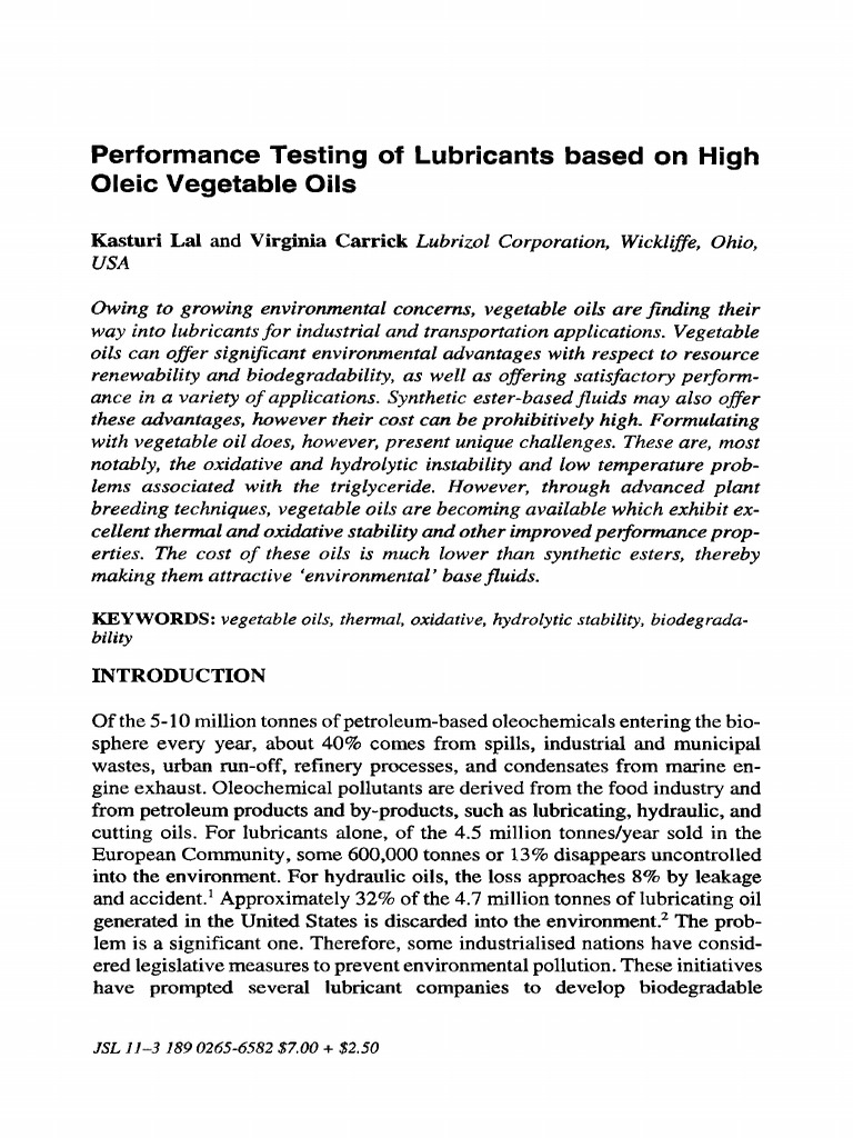 1994 Imp Performance Testing of Lubricants Based On High Oleic ...