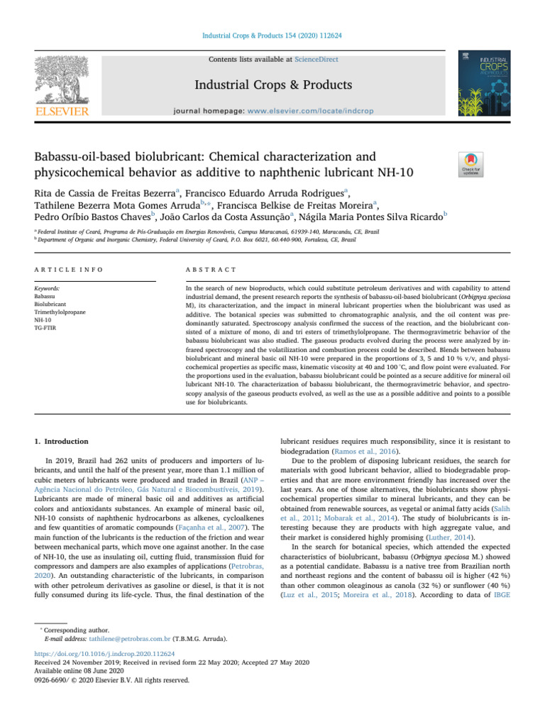 2010 Babassu-Oil-Based Biolubricant Chemical Characterization and Physicochemical Behavior As ...