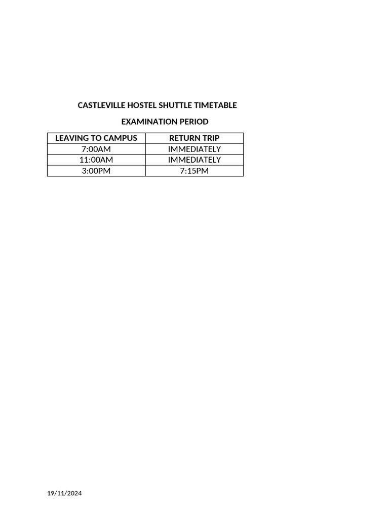 Castleville Hostel Shuttle Timetable | PDF