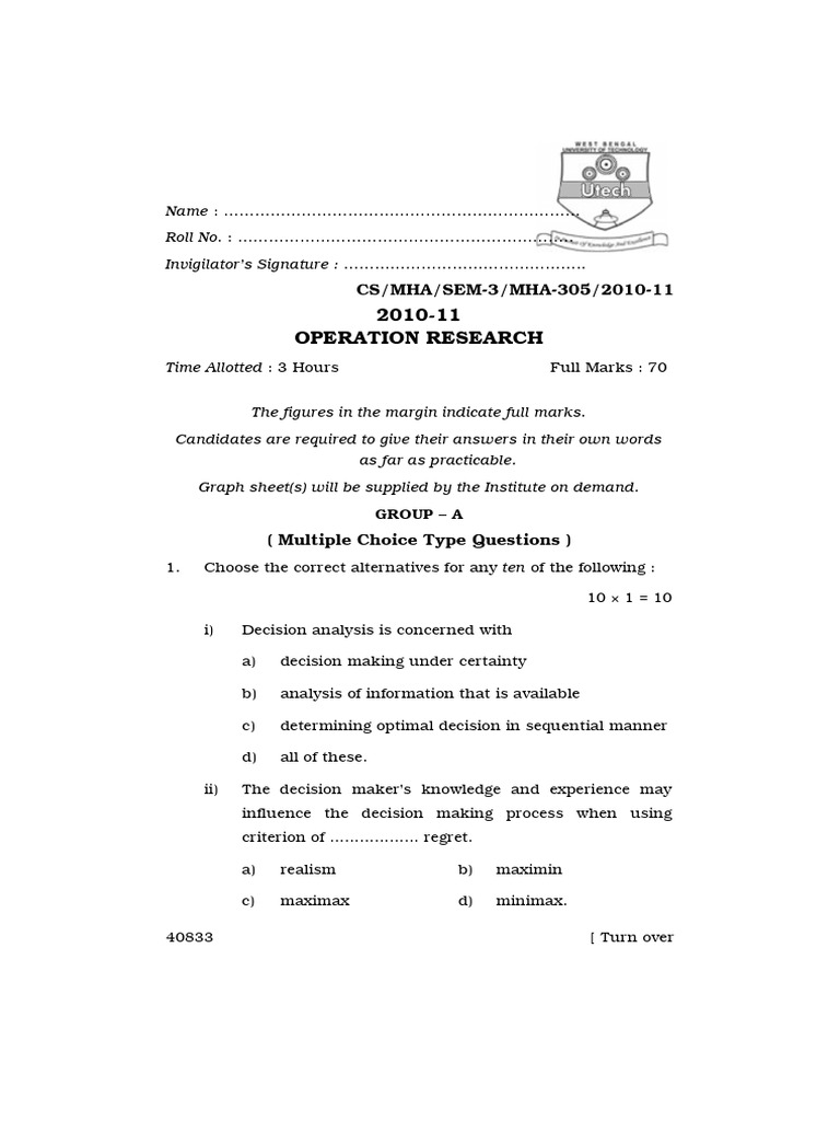 Operations Research Exam Paper 2010-11 | PDF | Loss Function | Applied ...