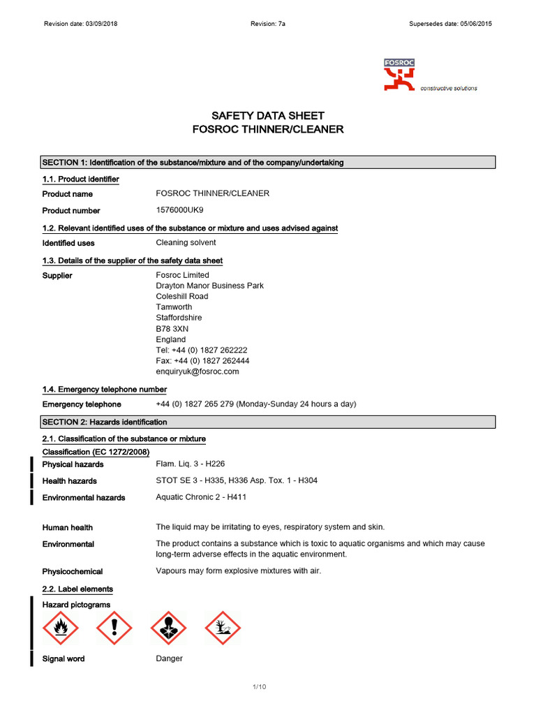 Fosroc Thinner Cleaner SDS Promain 30 09 2019 | PDF | Toxicity ...