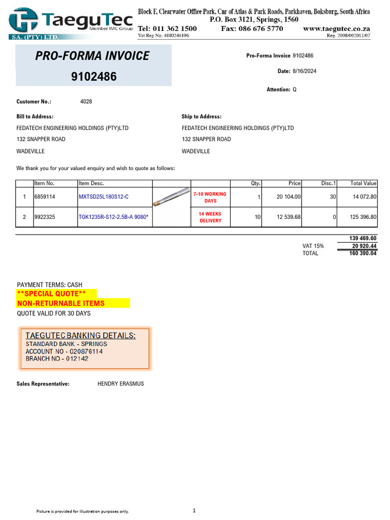 Fedatech Engineering Holdings - Pro-Forma Invoice 9102486 | PDF