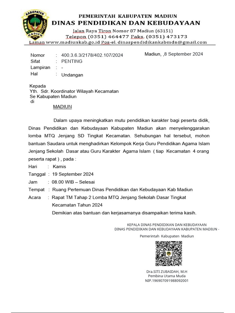 Surat TM Lomba MTQ KKG PAI 2024 - Tingkat Kecamatan Tingkat Kecamatan - Tahap 2 | PDF