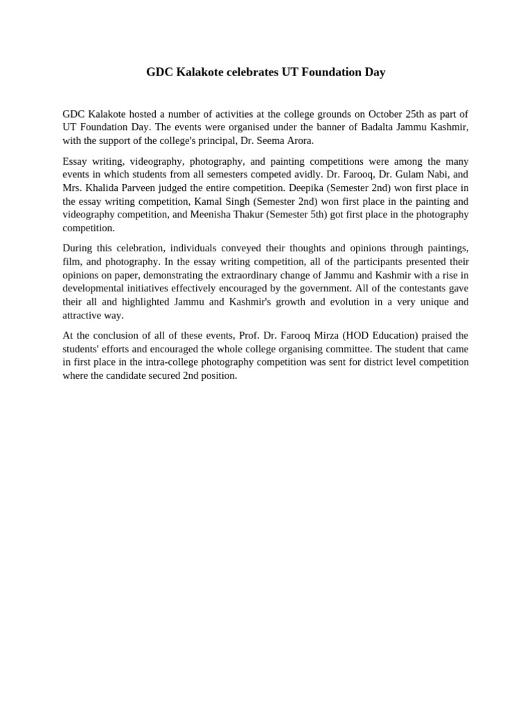 GDC Kalakote Celebrates UT Foundation Day | PDF | Travel