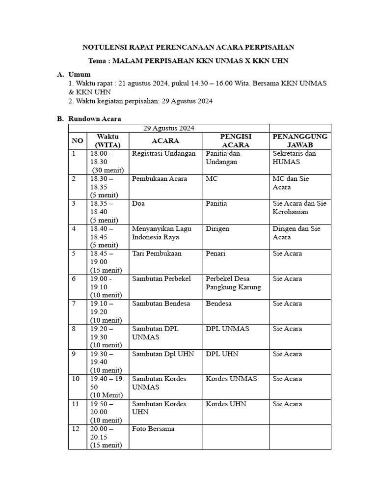 Notulensi Rapat 21 Agustus Perencanaan Acara Perpisahan | PDF