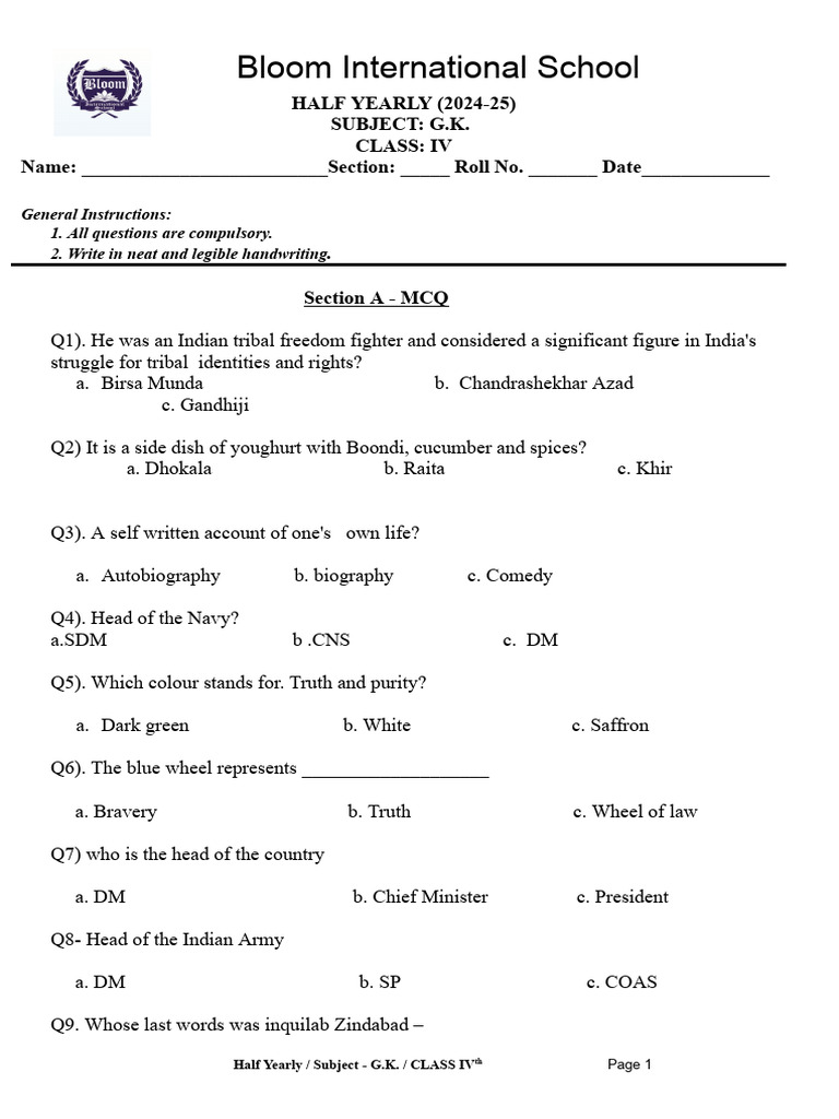 Halfyearly GK Worksheet 24 | PDF | Foreign Language Studies | General Fiction