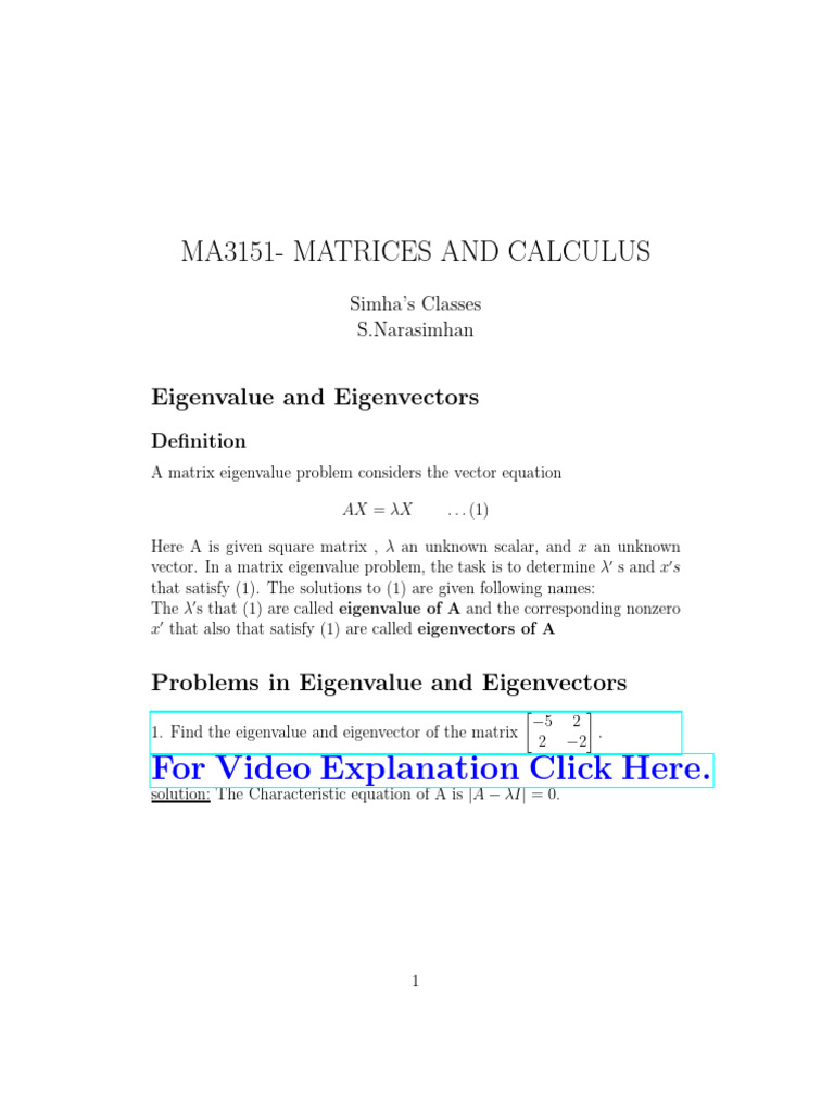 Unit 1 Matrices Pdf Eigenvalues And Eigenvectors Mathematical Physics